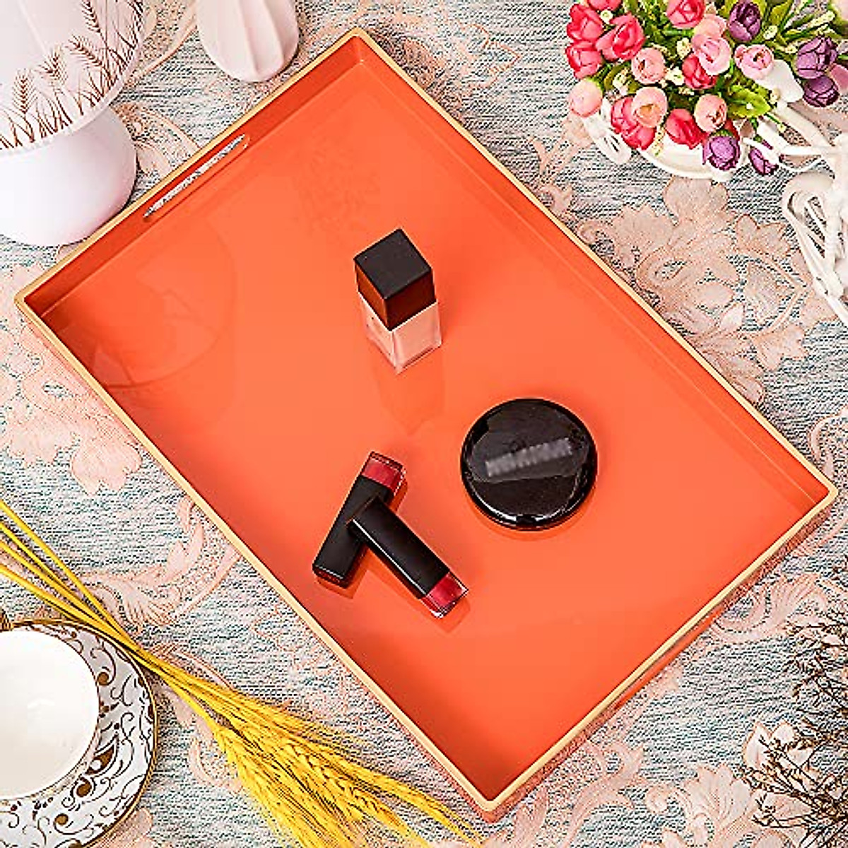 MAONAME Orange Serving Tray with Handles, Modern Decorative Tray for Coffee Table, Plastic Rectangular Tray for Ottoman, Bathroom, Halloween Decor, 15.75” x 10.2” x1.57
