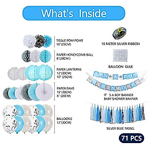 Baby Shower Decorations For Boy-It's A Boy Banner,Party Supplies Decoration Kit,Blue and Grey,Paper Fans,Latex Balloons, Silver Tassels,Tissue Paper Pom Poms, Party Supplies for Boys