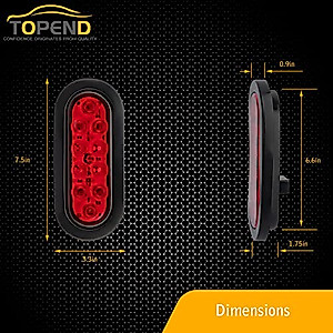 TOPEND 6 Inch Red Oval Led Trailer Tail Light 4PCS for RV Truck Jeep - Stop/Turn/Tail Light Marine Waterproof - Including 3-pin Water Tight Plug DOT/SAE with Wires and Grommet