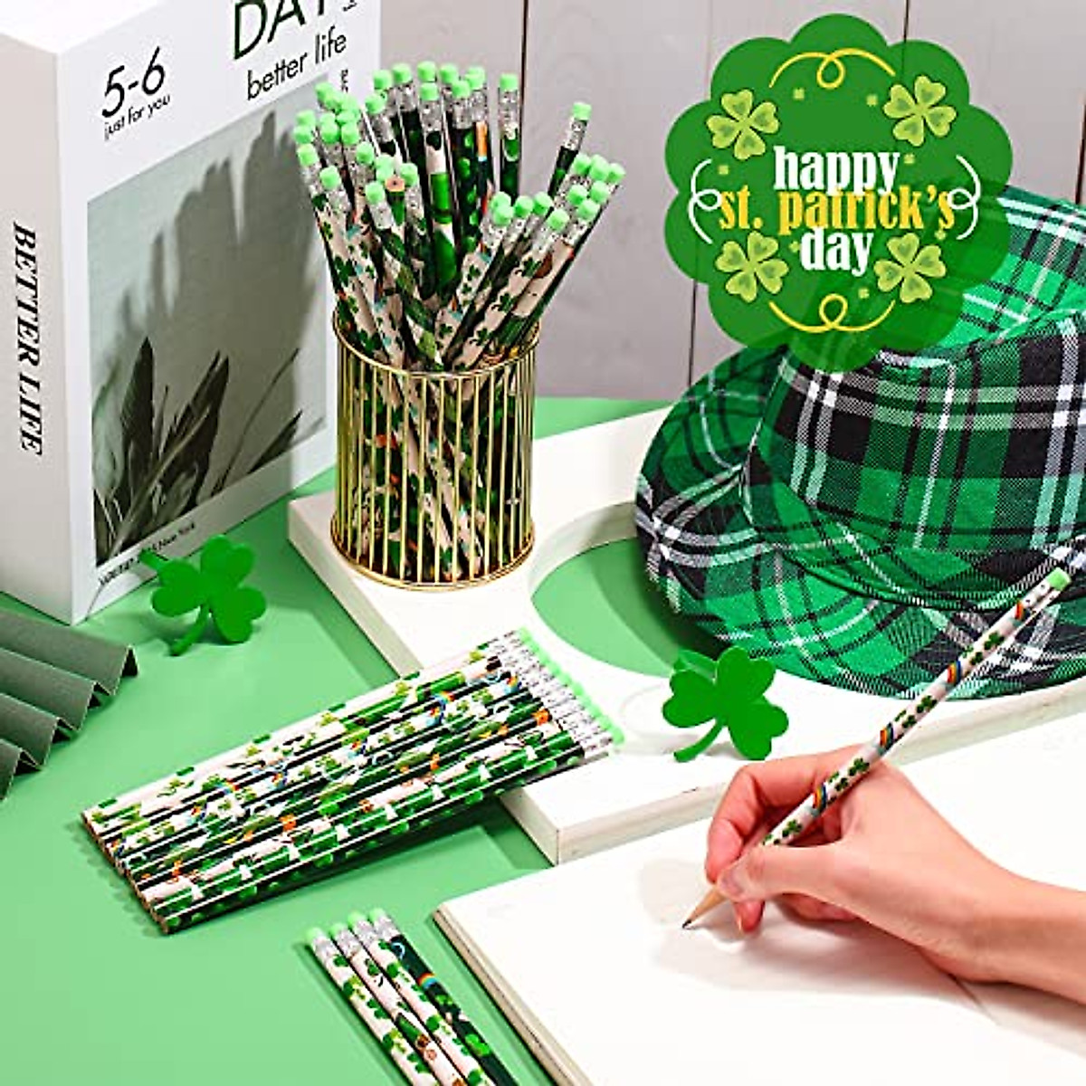 Zubebe 600 Pieces St Patrick's Day Pencils with Eraser Wood Shamrock Pencils Lucky Shamrock School Pencils Green Pencils for St Patrick's Day Party Kids Awards Holiday School Supplies