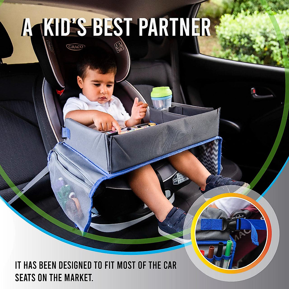 Kids Travel Tray - Car Seat Tray - Travel Lap Desk Accessory for Your Child's Rides and Flights - it's a Collapsible Organizer that Keeps Children Entertained Holding Their Toys (Blue)