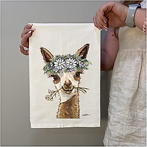 Alpaca Tea Towel - Daisy Flower Crown Alpaca Flour Sack Towel - Alpaca Kitchen Towel - Alpaca Lover Gifts - Alpaca gifts for mom - Handmade - Farmhouse Kitchen Decor