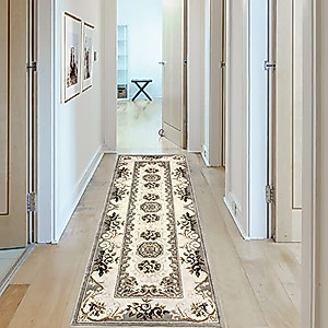SUPERIOR Traditional Oriental Floral Polypropylene Indoor Area Rug or Runner with Jute Backing, 2'7" x 8', Beige