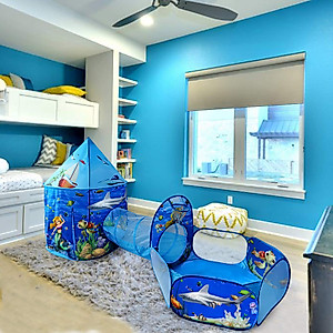 Kids Play Tent 3pc Ocean World Toy Tunnel and Ball Pit for Boys, Girls, Babies and Toddlers - Indoor/Outdoor Pop Up Playhouse, Easy to Setup(Balls Not Included)