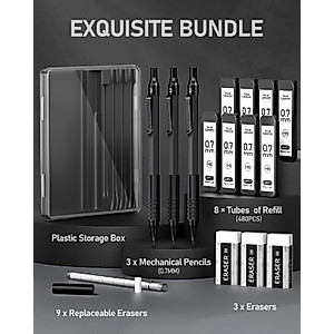 Four Candies Mechanical Graphite Pencil Set, 3pcs Black Metal Pencils with Anti-Skid Grip, Ideal for Artists, Professionals, Teachers and Students