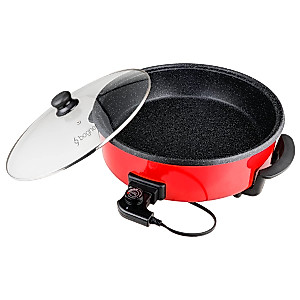 BOGNER Round electric frying pan with non-stick coating and glass lid. Large size 42 cm diameter, capacity 7.5 L. Easy to clean and use. Features removable temperature regulator.