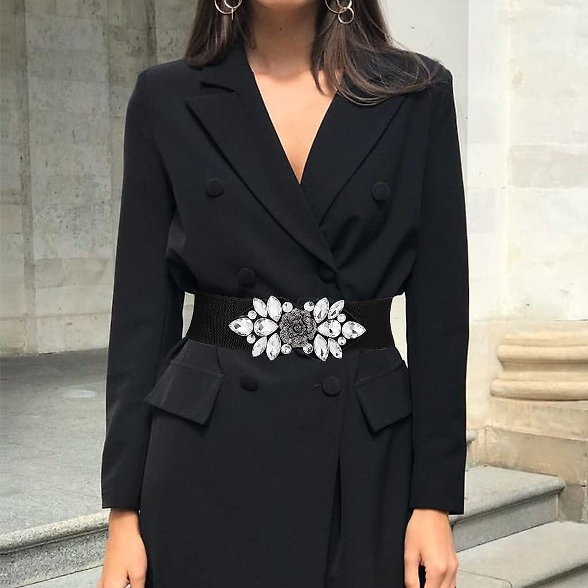 Wriidy Rhinestone Stretch Belt Wide Dressy Belt Women Elastic Crystal Belts Stylish Dress Waist Accessories for Girls (Black, Small)