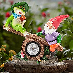 pearlstar Garden Gnomes Statue, Gnomes Decorations for Yard, Gnomes and Frog Play on Seesaw Solar Garden Sculptures & Statues with Lights Gnome Decor for Patio Lawn Porch Garden Decor Gift