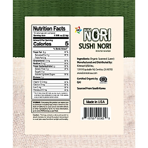KIMNORI Sushi Nori Seaweed Sheets – 10 Full Size USDA Organic Yaki Roasted Rolls Wraps Snack 100% Natural Laver Gluten Free No MSG Non GMO Vegan Kosher 25 Gram 0.88 Ounce 김 のり 海苔 紫菜