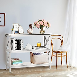 Giantex 3-Tier Narrow Console Table, Rustic Sofa Table with Storage Shelf, X-Design Bookshelf, Skinny Foyer Table, Behind Couch Table, Entryway Table for Hallway Living Room, Entry Table, White