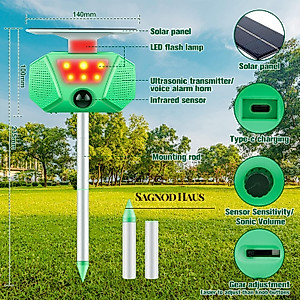 Animal Repellent UltraSonic Outdoor, Solar Power Animal Repeller, Cat/Birds/Deer/Skunk/Rat/Squirrel Deterrent Outdoor/Waterproof with 4 Modes Motion Detection Repeller for Yard,Garden,Farm,Patio.