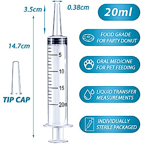 20ml Syringe for Liquid, Oral, Scientific Labs, Measurement, Dispensing, with Cap- 3 Pack 20ml Syringes