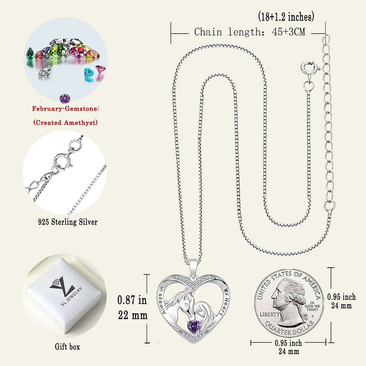 YL Horse Necklace 925 Sterling Silver Heart Pendant Created Amethyst Animals Jewelry for Women