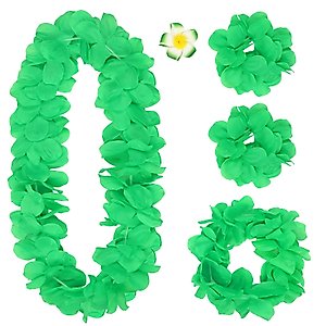 Waipfaru 5 Pcs Hawaiian Leis Set, Flower Leis for Luau Party Lays Necklace Hawaiian Accessories, Hawaiian Leis Luau Outfits for Women Adults Kids Party Favors Supplies Decorations (Green)