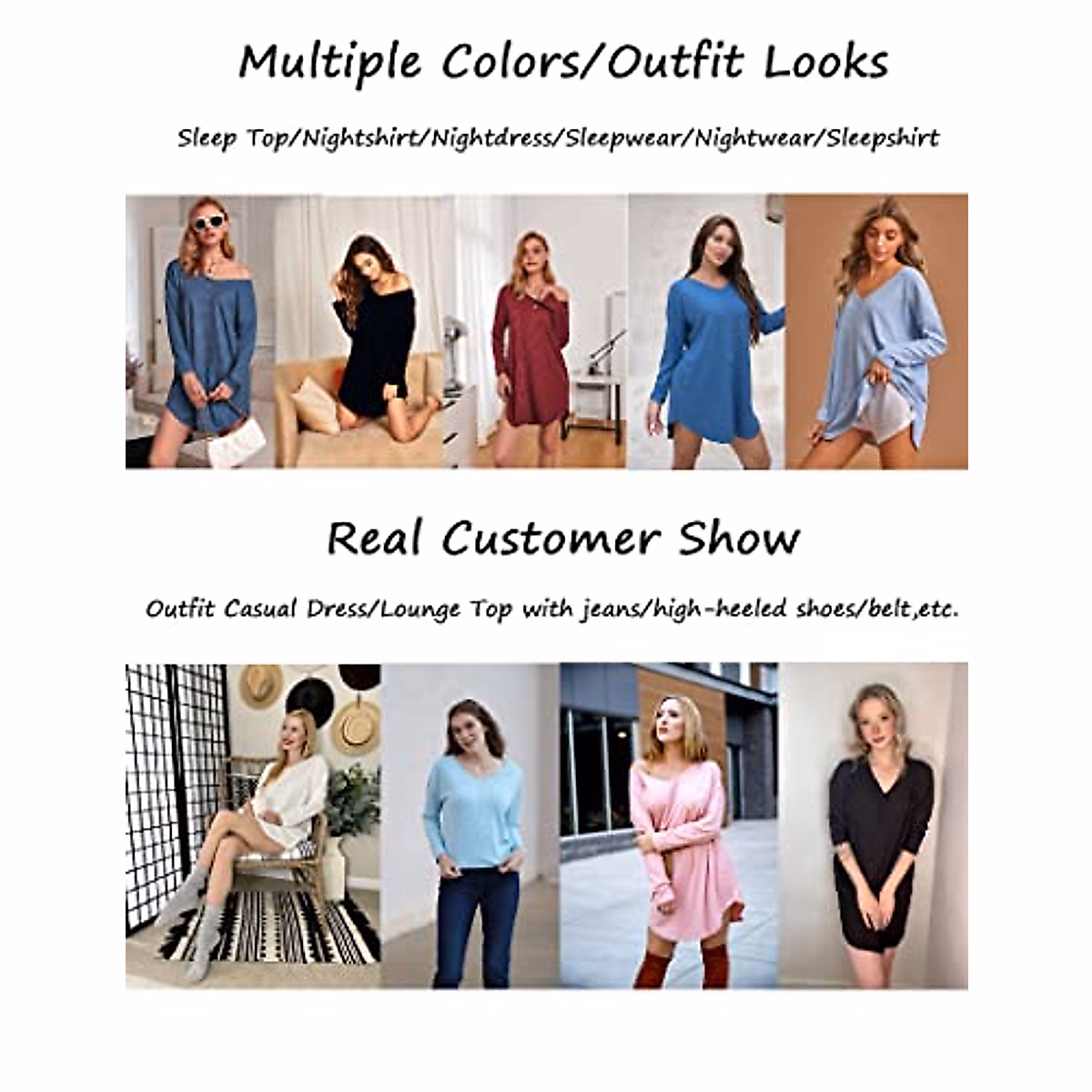 Ekouaer Womens Night Shirts V Neck Sleep Shirt Long Sleeve Tshirt Nightgowns Oversized Shirt Dress(Navy Blue,Large)