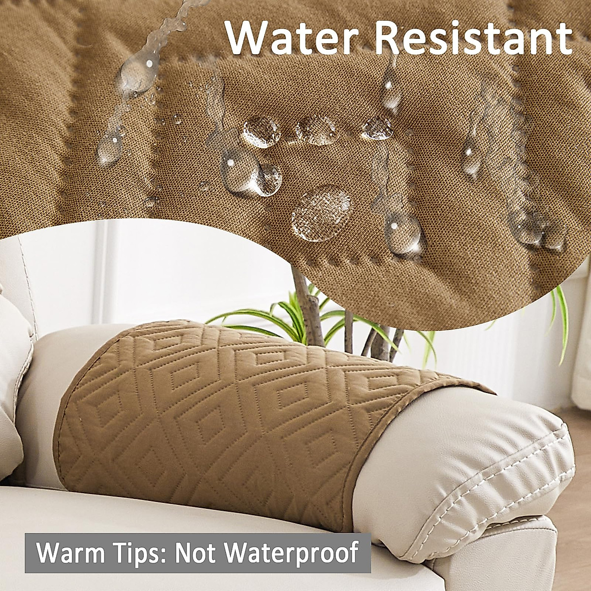 Sofa Armrest Cover, Headrest Cover for Recliner Chair Arm Cover, Armchair Slipcover with Pockets, Nonslip Quilted Furniture Protector for Pets Leather Sofa Couch (Khaki(Style B),3 Seater(5pcs))