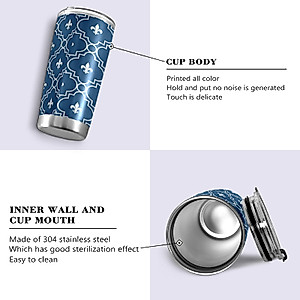 Yasala Mardi Gras Tumbler Fleur De Lis Moroccan Blue Insulated Coffee Cup Fat Tuesday Beverage Container Office Travel Mug with Straw and Lid 20oz Holiday Back to School Gift