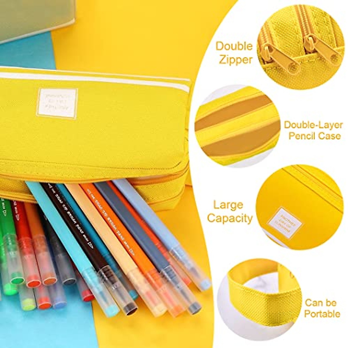 Rolin Roly Yellow Pencil Case Lager Capacity Pen Bag Stationery Storage Case Double Zipper Canvas Pen Box with Handle Organizer Makeup Cosmetics Adults Students Business Office