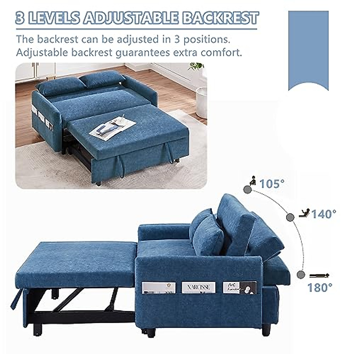 Gynsseh Pull Out Sofa Sleeper, 3 in 1 Convertible Sleeper Sofa Bed with 2 Pillows and Storage Pockets, Microfiber Love Seat Lounge Sofa Bed for Small Space, Living Room, Blue