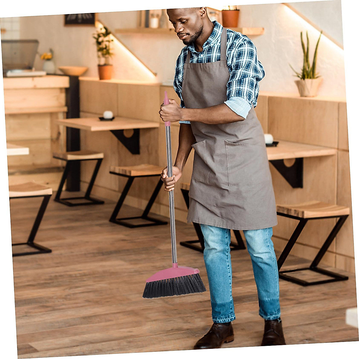 HOLIDYOYO Outdoor Indoor Broom for Floor Cleaning Collapsible Long Handle Angle Brooms Heavy Duty for Home Garage Kitchen Office Courtyard Lobby Lawn Concrete Pink