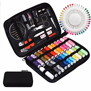JUNING Sewing Kit with Case, 130 pcs Sewing Supplies for Home Travel and Emergency, Kids Machine, Contains 24 Spools of Thread of 100m, Mending and Sewing Needles, Scissors, Thimble, Tape Measure etc