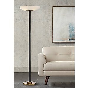Possini Euro Design Meridian Light Blaster™ Modern Style Torchiere Floor Lamp LED 72" Tall Black Antique Brass Metal White Glass Shade for Living Room Reading House Bedroom Home Office