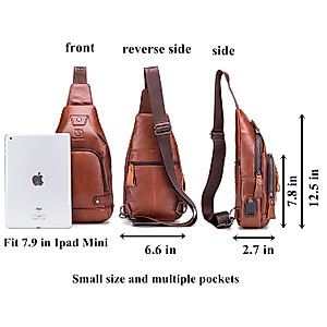 BULLCAPTAIN Men Crossbody Bag with USB Charging Port Genuine Leather Shoulder Sling Chest Bag Travel Hiking Backpack (Brown)