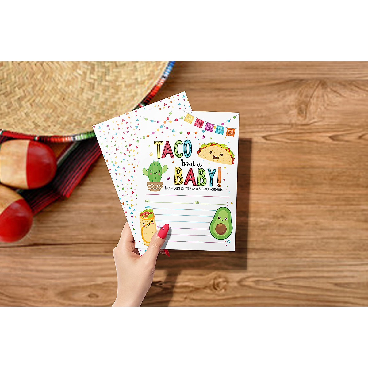 Fiesta Taco Bout A Baby Shower Invitations with Book Request and Diaper Raffle Card, 25 Fill in Invites and Envelopes