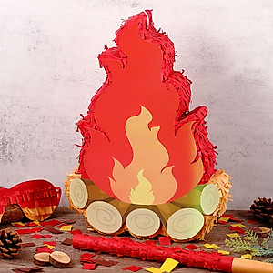 Small Camping Campfire Piñata Fake Flame Party Birthday Party Decoration Camping Adventure Baby Shower Photo Props with Wooden Stick Paper Confetti Set for Kids Boys and Girls,16.1 x 10.2 x 2.8 Inch