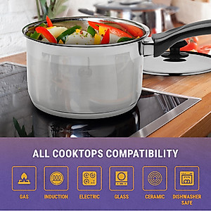YBM Home Professional Chef’s 18/10 Stainless Steel Sauce Pot Covered Tri-Ply Capsule Base With Bakelite Handle, Terrific Mirror Silver, Induction Compatible - Black