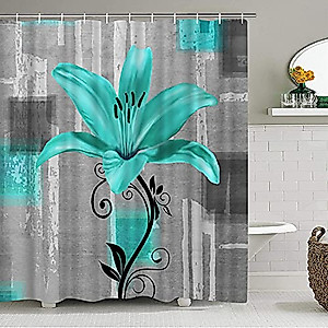 DuoBaorom 4 Pieces Set Teal Lily Flower Shower Curtain Set Geometric Floral Green and Grey Art on Non-Slip Rugs Toilet Lid Cover Bath Mat and Bathroom Curtain with 12 Hooks 72x72inch