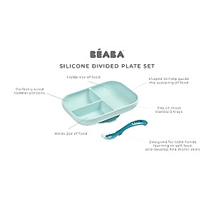 BEABA Silicone Suction Plates for Baby, Made with High Grade Food Safe Silicone, Soft Durable Toddler Dishes, Baby Plates with Suction Bottom, Rain