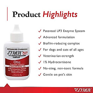 Zymox Advanced Formula Otic Plus Enzymatic Ear Solution for Dogs and Cats with 1% Hydrocortisone, 1.25oz