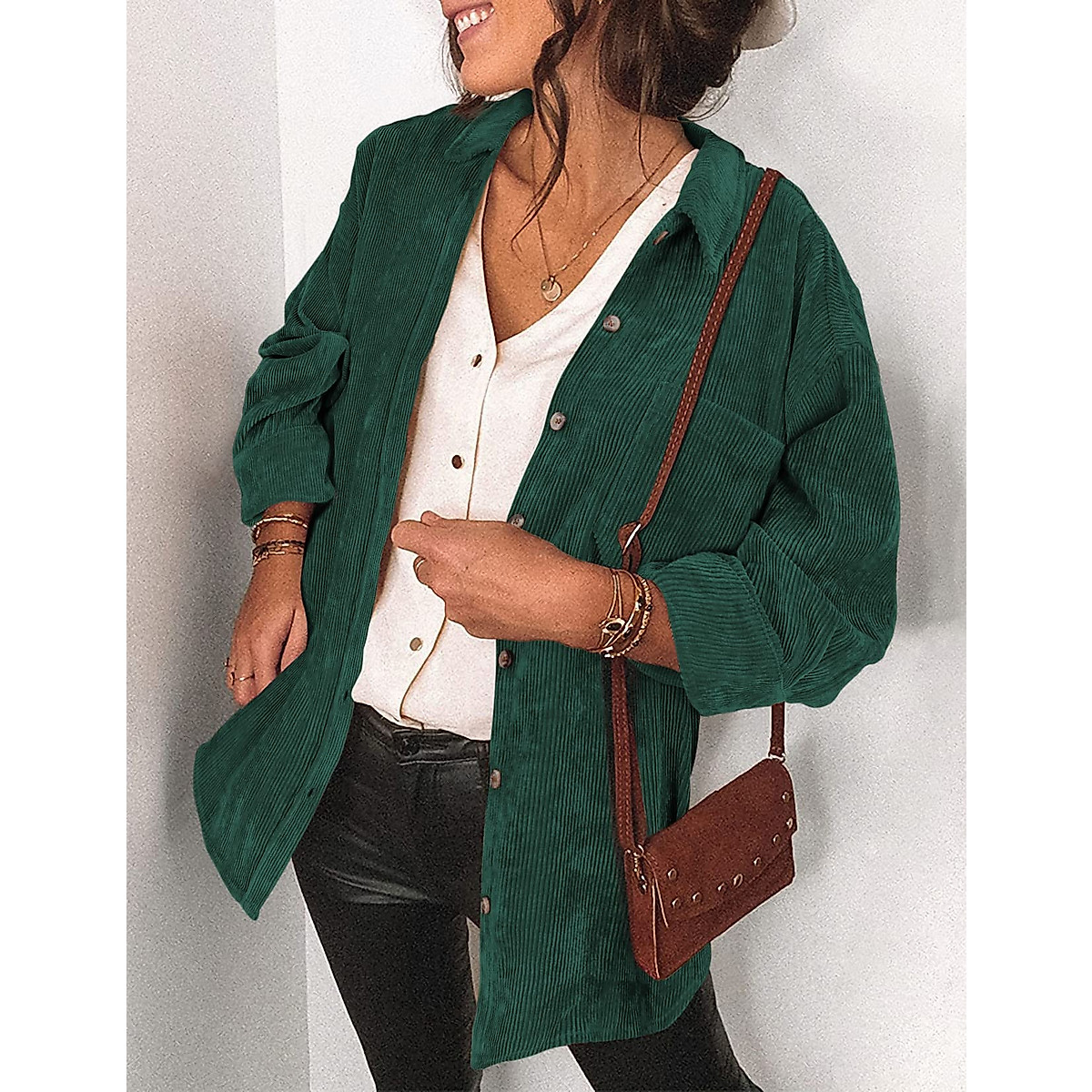 Saslax Womens Corduroy Shirt Long Sleeve Oversized Button Up V Neck Blouses Tops Loose Shacket Jacket with Pockets Green M