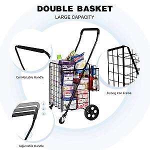 MARSTAR Folding Shopping Cart w/Rolling Swivel Wheels, Utility Cart for Groceries Laundry Transport Stair Climber, Double Basket, Adjustable Handle, Portable Grocery Cart, Light Weight, Save Space