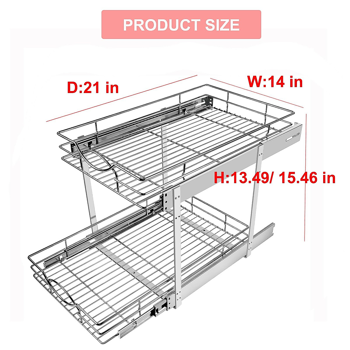 Sikarou Pull Out Cabinet Organizer 14" W x 21" D 2-Tier Individual Slide Out Drawer Pantry Shelf Storage for Kitchen Base Cabinet Organization ​for Kitchen, Bathroom, Pantry, Chrome