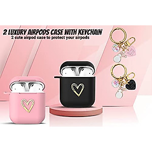 REDX1 [2 Pack] Airpods Case Gold Heart Design Protective Cover with Lucky Ball Keychain Accessories,Soft TPU for Women,Girl,Teen Compatible with Airpods 1&2nd Generation (Black,Pink)