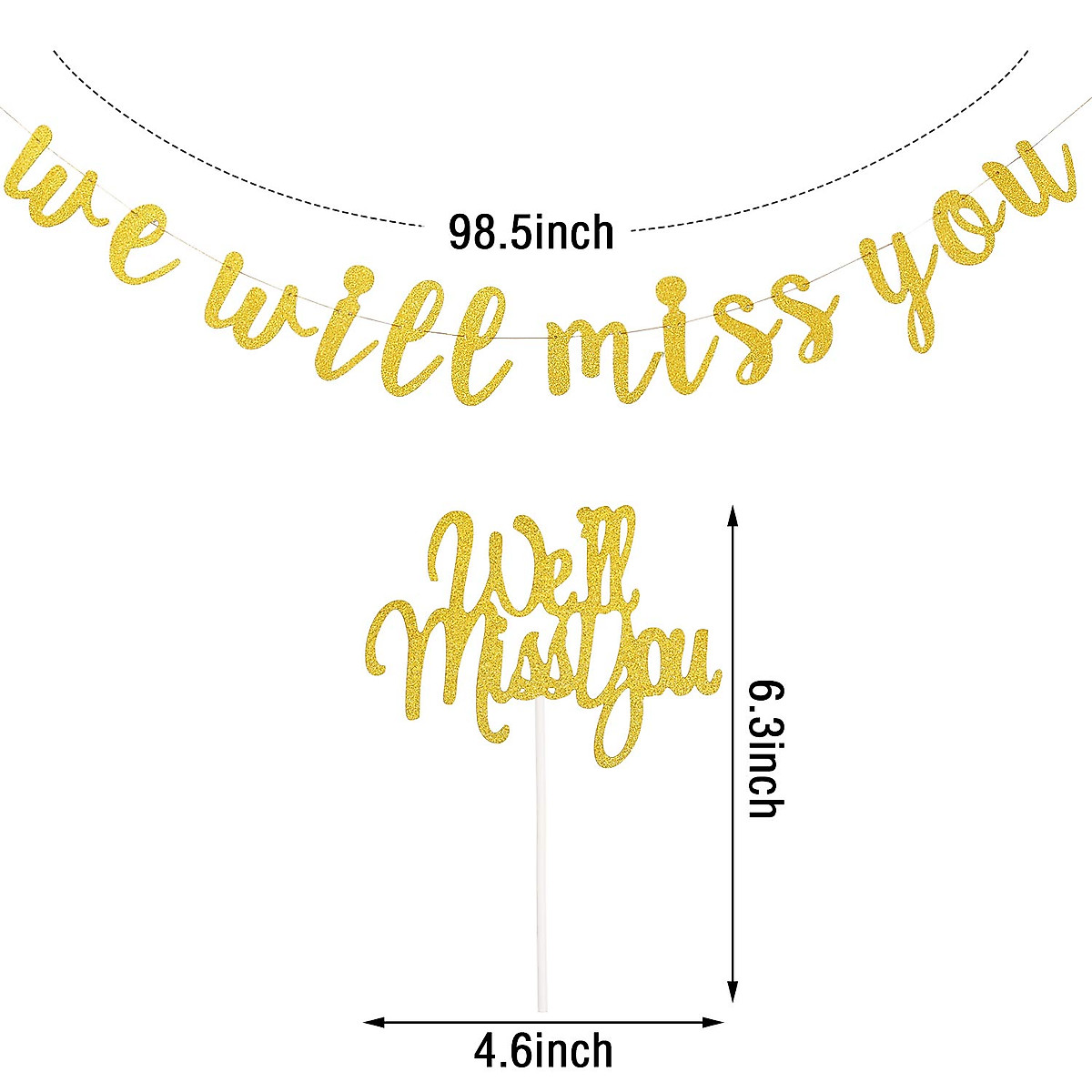 We Will Miss You Banner Gold Glitter Retirement Sign Farewell Banner with Cake Topper for Retirement Graduation Going Away Farewell Office Work Party Decorations