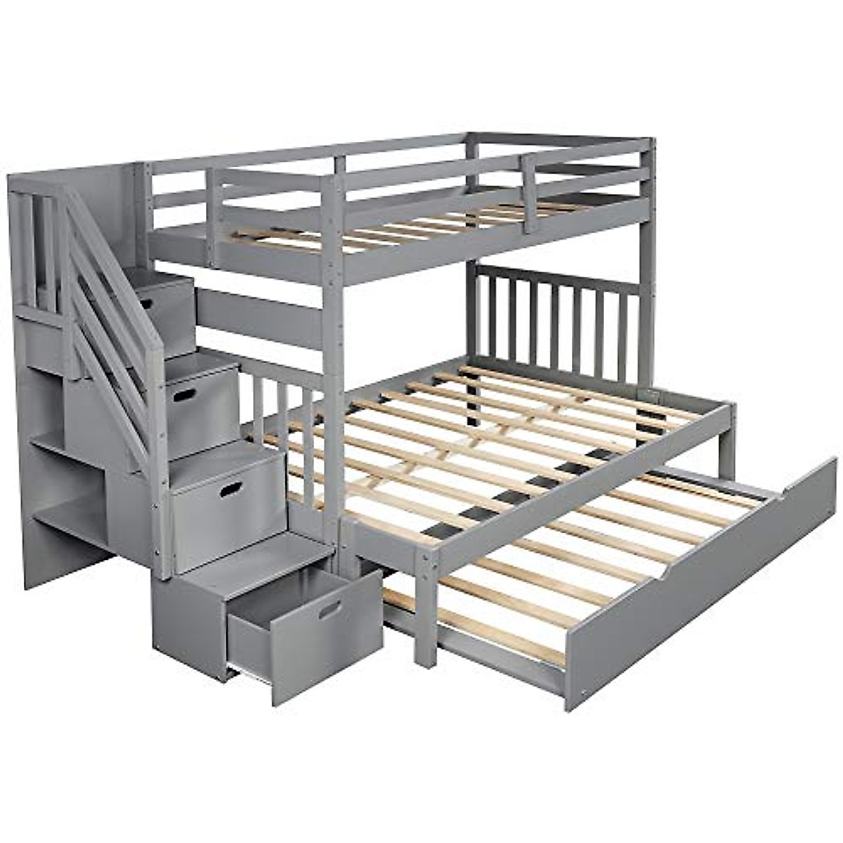 Harper & Bright Designs Stairway Twin Over Twin/Full Bunk Bed with Twin Size Trundle and Drawers, Solid Wood Bunk Bed Staircase Can be Placed on The Left or Right Side (Grey)
