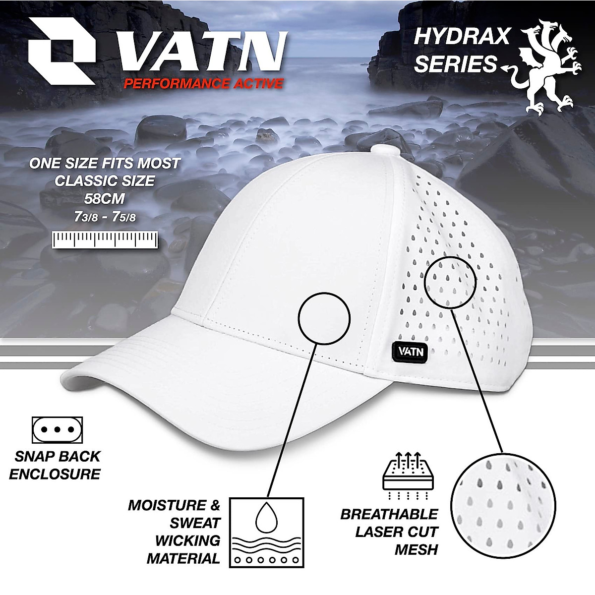 VATN Hydrax, Ultra Performance Water-Resistant UPF 50 Baseball Hat | Golf | Boat | Beach | Lake | Workout | Everyday | Men and Women (White)
