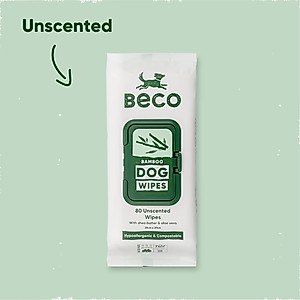 Beco Bamboo Dog Wipes, Thick Grooming Wipes for Easy Pet Cleanup, Home Compostable, 80 Count (Unscented)