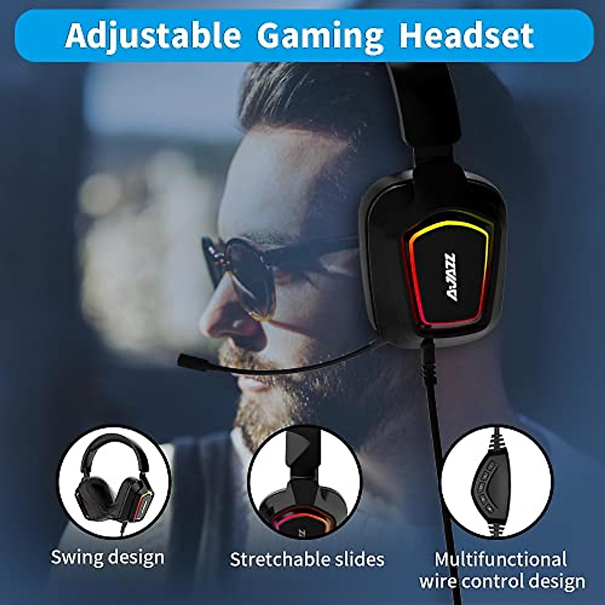 NACODEX Black Wired Gaming Headset and RGB Gaming Headphone Stand with 3.5mm AUX & 2 USB Port, Touch Control 10 Lighting Mode Headset Holder