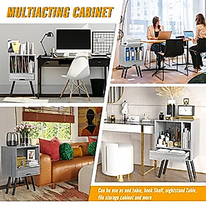 WASAIT Record Player Stand Vinyl Record Storage Table with Drawer Record Display Turntable Stand with Wood Legs 3-Tiers Vinyl Holder Cabinet for Living Room Bedroom Grey