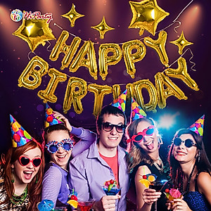 23pcs Birthday Balloons Banner, 3D Gold Premium Mylar Foil Ecofriendly Letter Happy Birthday Banner with 5pcs Star Balloons Kits for Kids Girls Boys Men Adults Birthday Party Decorations Supplies