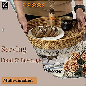 HORPRES Rattan Round Serving Tray, Wicker Fruit/Bread Serving Basket, Hand Woven Serving Basket with Cut - Out Handles, (Natural Color: 11.8 + 13.8 inch)