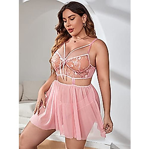 WDIRARA Women's Plus Floral Embroidery Cut Out See Through Babydoll Mesh Lingerie Slip with Panty Light Pink 3XL