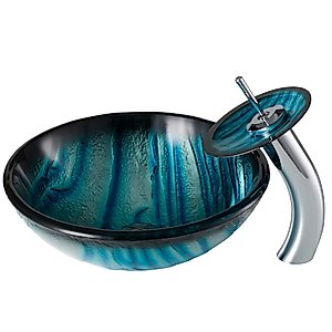 Kraus C-GV-399-19mm-10CH Ladon Glass Vessel Sink and Waterfall Faucet Chrome