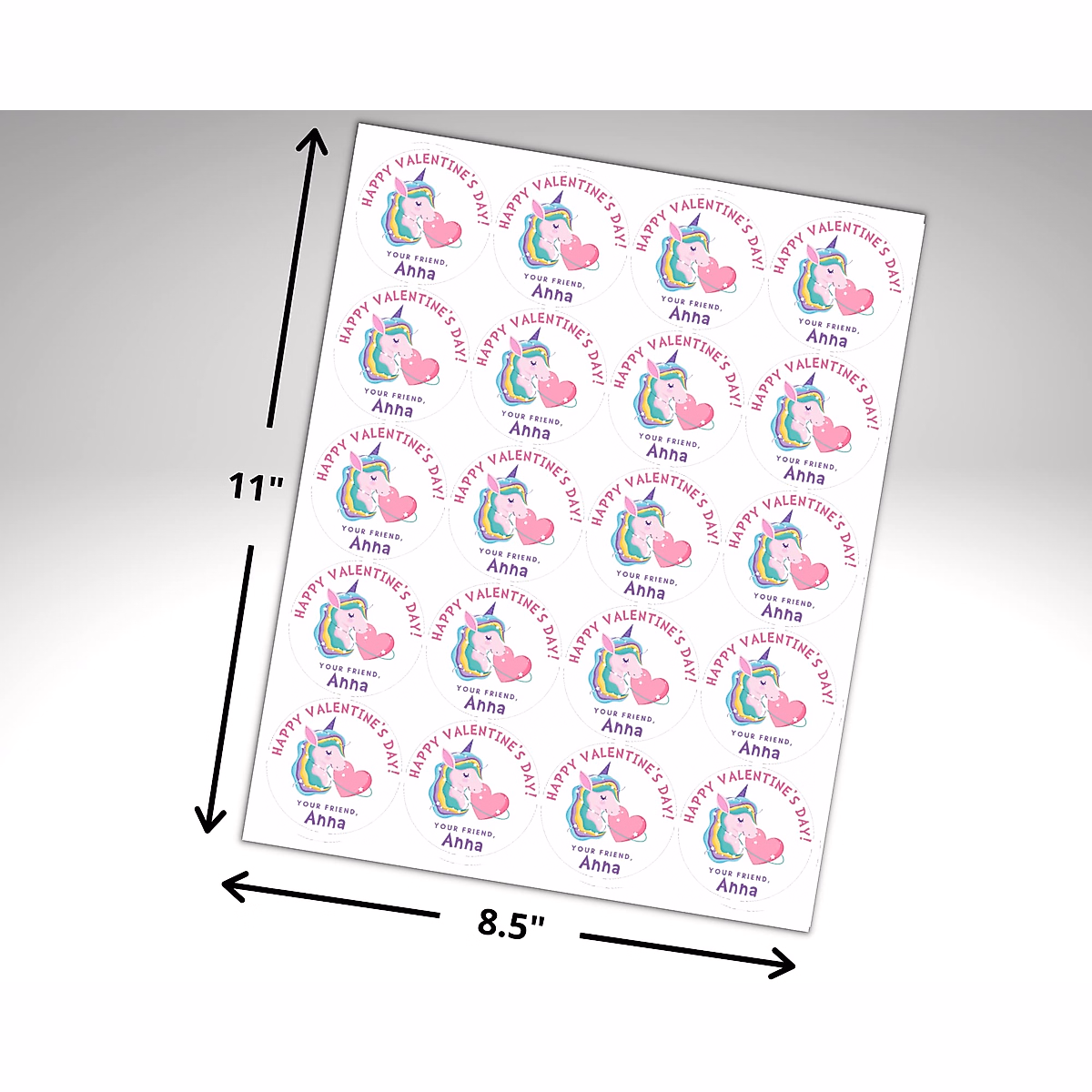 Personalized Unicorn Valentine's Day Stickers for Kids 20-Count, 2 inch, Custom Classroom Valentines Favor for Girls, Happy Valentine's Day Labels