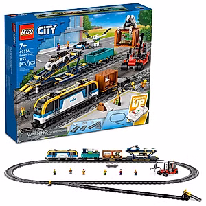 LEGO City Freight Train Set, 60336 Remote Control Toy for Kids Aged 7 Plus with Sounds, 2 Wagons, Car Transporter, 33 Track Pieces and 2 EV Car Toys