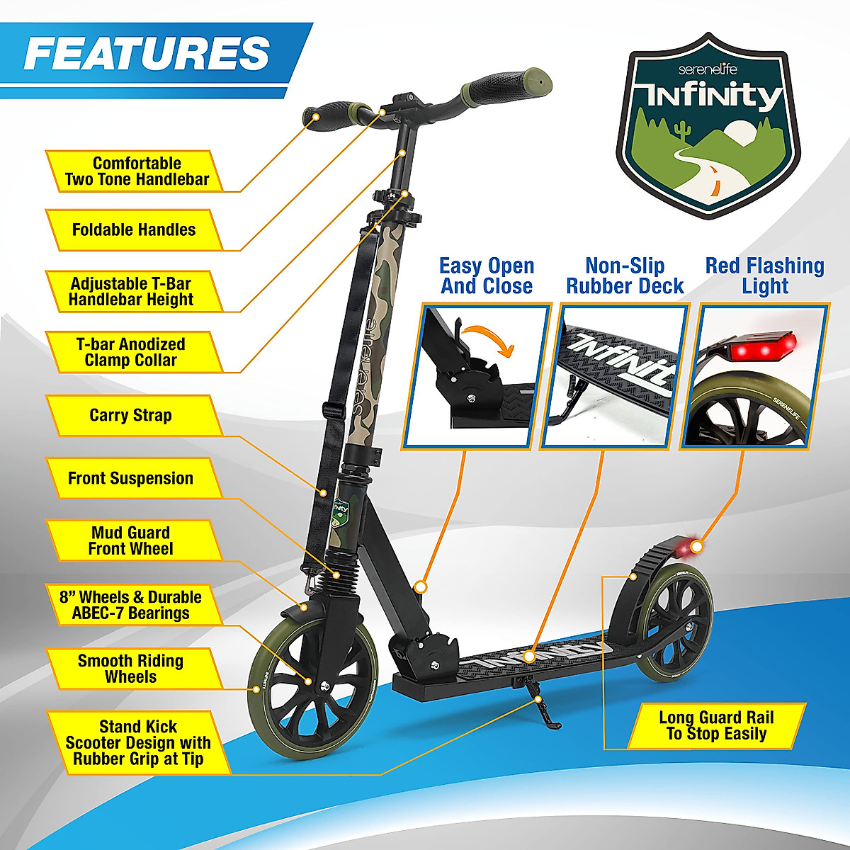 SereneLife Lightweight and Foldable Kick Scooter Comfortable T-Bar Handlebar, Adjustable Scooter for Teens and Adult, Alloy Deck with High Impact Wheels, Durable ABEC-7 Bearings, Camo